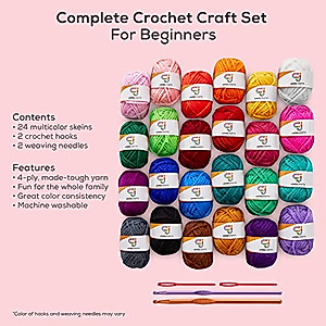 JumblCrafts 24-Yarn Crocheting Starter Kit. 24 Fun-Sized Skeins with 2 Crochet Hooks and 2 Weaving Needles, 24 Assorted Colors of Acrylic Yarn for Crafters. Great for Beginners and Experts