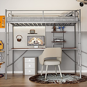 IKIFLY Twin Size Loft Bed with Desk & Storage Shelves, Metal Loft Bed Frame with 2 Built-in Ladders, Safety Guard Rail, Space-Saving Design, Noise Free, No Box Spring Needed - Silver Grey