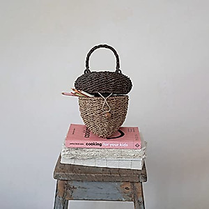 Creative Co-Op Handwoven Bankuan Acorn Shaped Basket with Lid and Wood Handle, Brown and Natural Decorative Storage, 7" L x 7" W x 8" H, Brown & Natural