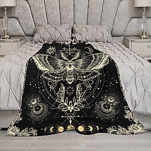 Abstract Moth Florals Flannel Blanket Abstract Gothic Magic Moon Stars Flower Aesthetic Throw Blanket for Kids Girls Teens Bedroom Decor Abstract Magic Florals for Bed Sofa Couch Travel Gift W40"xL50"