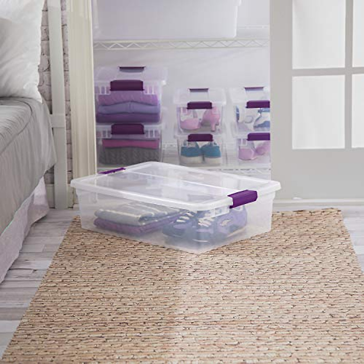 Sterilite 17551706 32 Quart/30 Liter ClearView Latch Box, Clear with Sweet Plum Latches, 6-Pack,Sweet Plum Handles