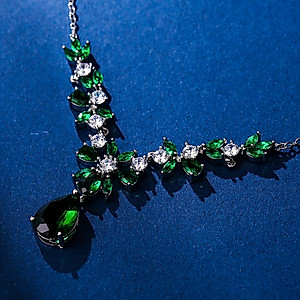 EleQueen Women's Wedding Bridal Jewelry Set for Brides Bridesmaids, Sparkle Cubic Zirconia Teardrop Necklace Dangle Earrings Bracelet Sets for Party Prom Emerald Color