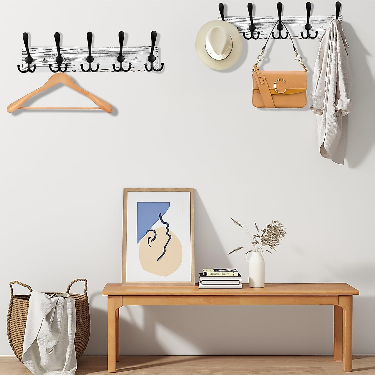 Kuhome 2pcs Coat Rack Wall Mount Wooden Hat Rack for Wall Hooks Pine Real Wood Plank 16.9" Old White Coat Hanger with 5 Black Triple Hooks for Hanging Coat Hat Jacket