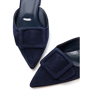 Divanne Mules for Women, Buckle Flat Mules Pointed Toe Backless Mule Slides Suede Slip On Loafers-Navy Blue-Suede-8.5M US