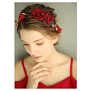 Chargances Wedding Bride Floral Red Headband Crystal Gold Hair Vine with Pearl Rhinestone Hair Accessory Boho Delicate Hair Piece Jewelry for Women and Girls