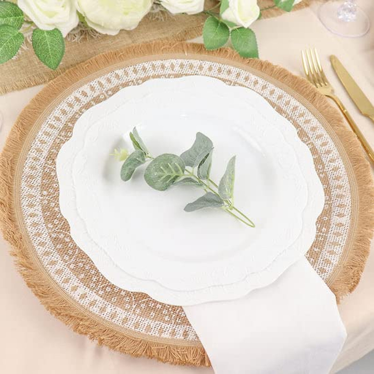 TABLECLOTHSFACTORY 4 Pack | Natural 15" Jute & White Print Fringe Placemats, Rustic Round Woven Burlap Tassel Table Mats