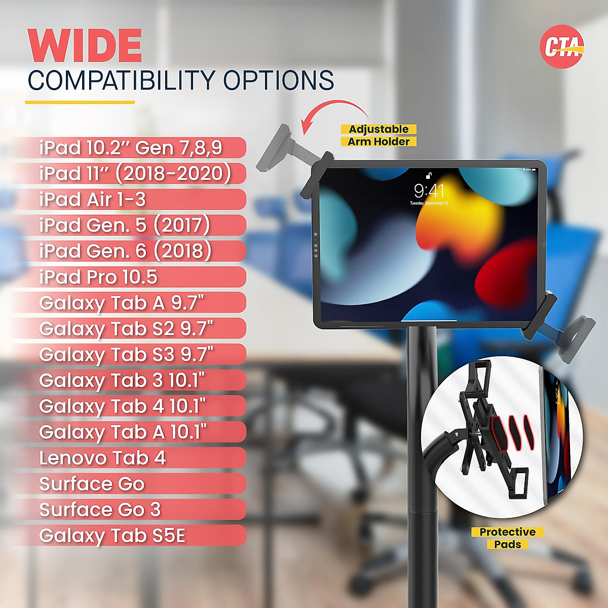 Kiosk Stand Neck - CTA Premium Height-Adjustable Floor-to-Desk Security Kiosk Stand Neck for iPad 7th/ 8th/ 9th Gen 10.2", iPad Pro 12.9", Surface Pro 4, Galaxy Tab S3, & 7-14" Tablets (PAD-PARASW)