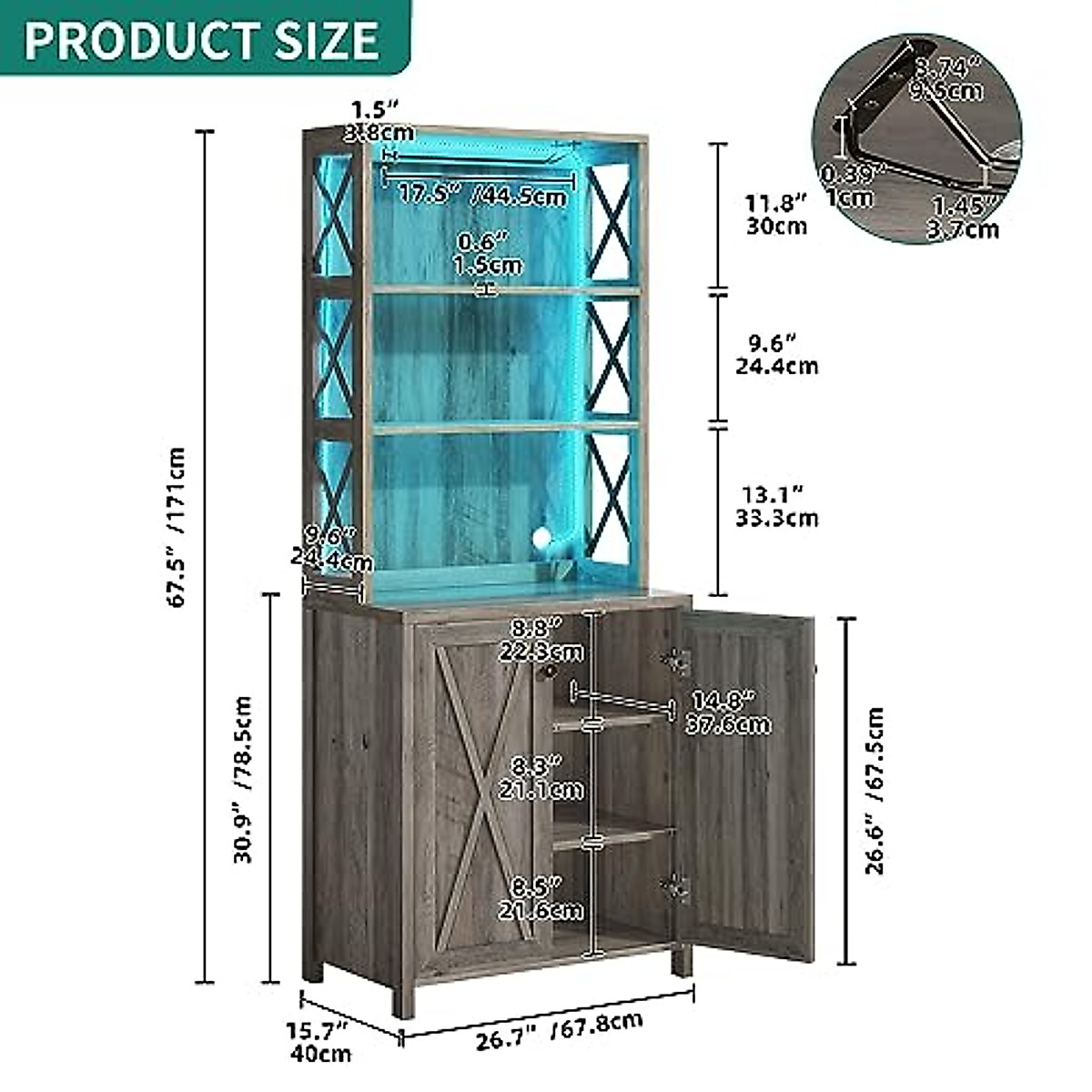YITAHOME Bar Cabinets with LED Light, Coffee Bar Liquor Cabinet with Glass Holder, Tall Buffet Wine Cabinet with Storage for Kitchen, Dining Room, Rustic Grey Wash