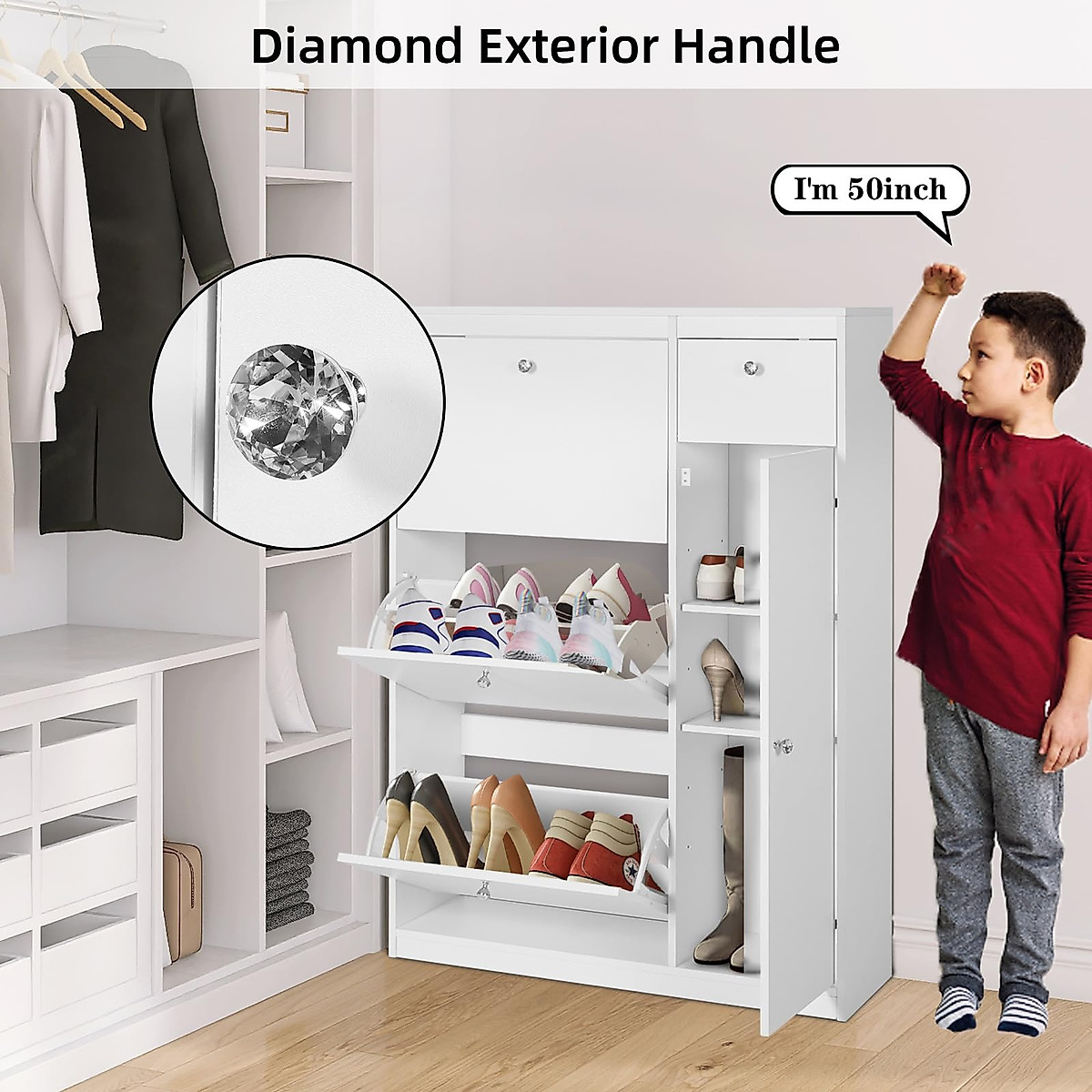 HOPUBUY White Shoe Cabinet for Entryway, Shoe Storage Cabinet for Larger Shoes, Hidden Shoe Organizer with Door, Modern Shoe Storage Cabinet for Men Women's Heels, Boots, Slippers