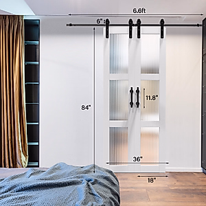 VINGLI 36in x 84in Glass Barn Door with 6.6ft Sliding Barn Door Hardware Kit &Handles, Pre-Drilled Holes Easy Assembly Solid Wood Slab White Sliding Door (Double 18"x84" Doors + 6.6' Track Kit)