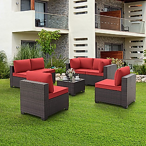 Grezone Patio Furniture Set 7 Piece Outdoor Wicker Sectional Sofa - All Weather PE Rattan Couch Conversation Set with Cushion & Glass Top Table for Backyard Deck Porch,Red