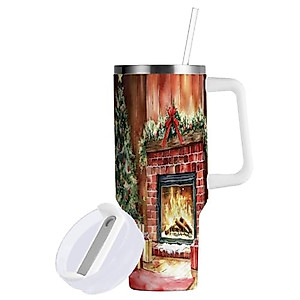 ODAWA Christmas Fireplace Red Water Tumbler 40 Oz Travel Cup with Lid and Straw