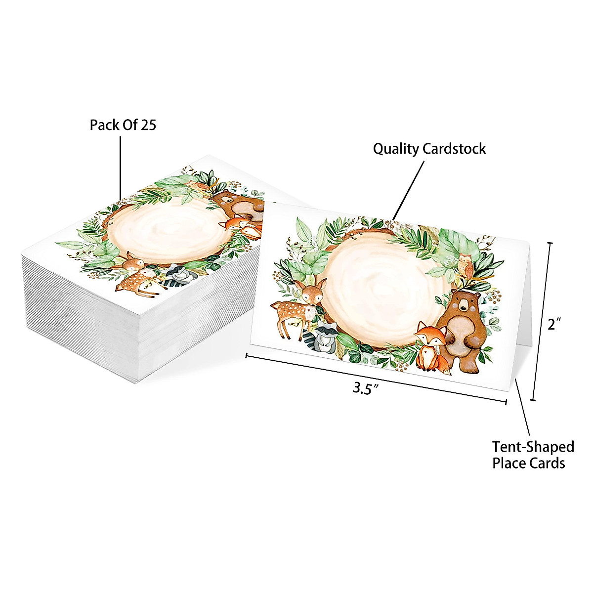Table Place Card, Woodland Animals Themed Tent Style Cards, Pack of 25 Half-Fold Reception Place Card, Botanical Forest Food Labels, Perfect for Greenery Baby Shower, Birthday Party(C01)