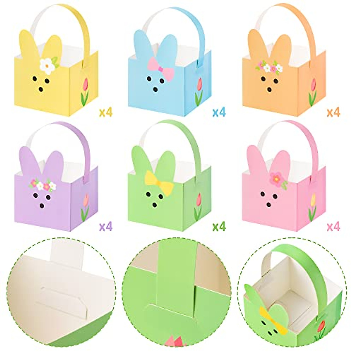 H1vojoxo 24PCS Easter Treat Boxes for Kids, Easter Candy Boxes with Handle, Easter Bunny Rabbit Cardboard Boxes, Goody Cookies Containers for Easter, Easter Boxes for School Classroom Party Favor
