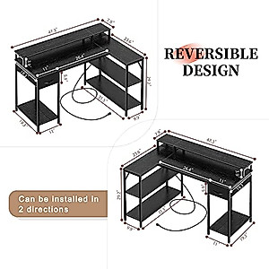 SUPERJARE L Shaped Gaming Desk with LED Lights & Power Outlets, Reversible Computer Desk with Shelves & Drawer, Corner Desk Home Office Desk, Black