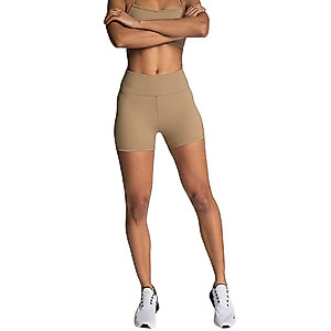 Women Yoga Outfit Seamless 2 Piece Workout Gym Sleeveless Spaghetti Strap Criss Cross Crop Top with High Waist Boxer Shorts Tummy Control Tracksuit Activewear Athletic Fintess Clothes Khaki X-Small