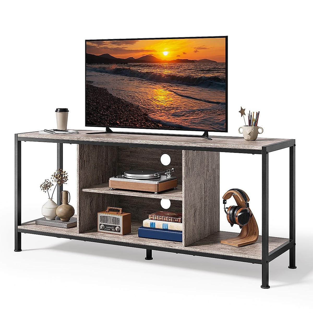 Gizoon TV Stand for TVs up to 65 Inch,Entertainment Center with Open Storage Shelves,TV Media Console Table for Living Room and Bedroom, Gray