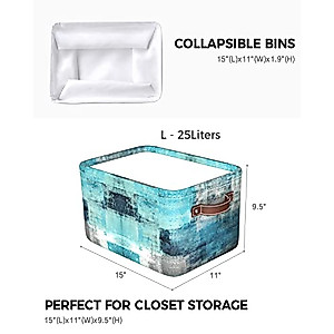 Qumstemily Turquoise Teal Storage Bins for Shelves, Grey Abstract Art Painting Collapsible Storage Box Basket with Handle, Modern Geometric Teal Canvas Hamper Closet Organizers Storage Cubes - 1 Pack