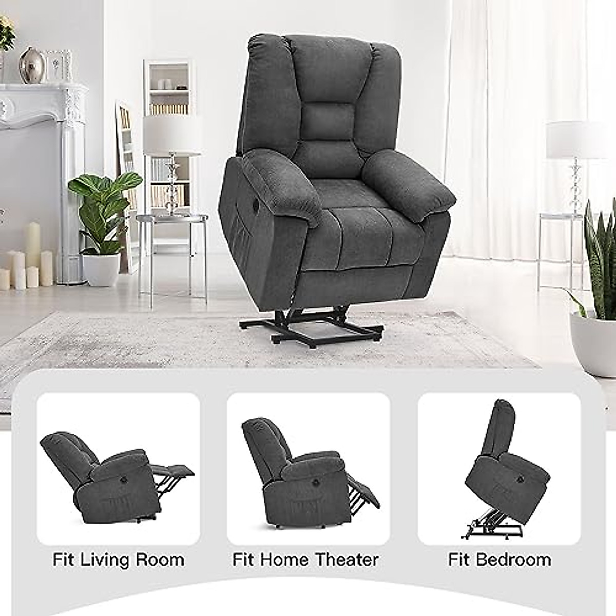 Esright Power Lift Chair Recliner for Elderly, Lift Chair with Heated Vibration Massage, Heavy Duty Electric Recliner with Side Pockets, USB Charge Port, Gray Blue