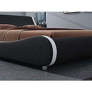 SHA CERLIN Modern Low Profile Platform Bed Frame Queen Size, Stylish Faux Leather Upholstered Sleigh Bed with Adjustable Headboard, No Box Spring Needed, Black&White
