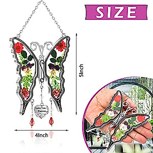 KY&BOSAM Suncatchers Love You Forever Butterfly Mom Gifts, Gift for Mom from Daughter Son, Suncatcher Gifts for Women Ornament for Windows Wind Chime with Pressed Flower Butterfly Embedded in Glass