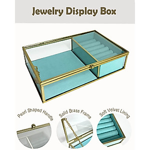 Ylu Yni Glass Jewelry Organizer Box Clear Keepsake Case with Gold Frame with Velvet Trinket Tray, Display Box for Earring Ring, Necklace, Accessories.