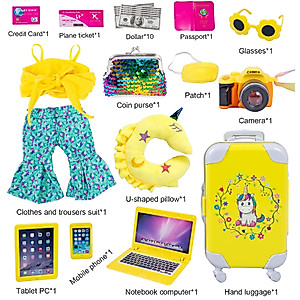 ebuddy Doll Clothes and Accessories 18 Inch Doll Travel Set with Unicorn Printed Luggage Suitcase Fit for 18 inch Girl Doll,Most 18 Inch Dolls(No Doll)