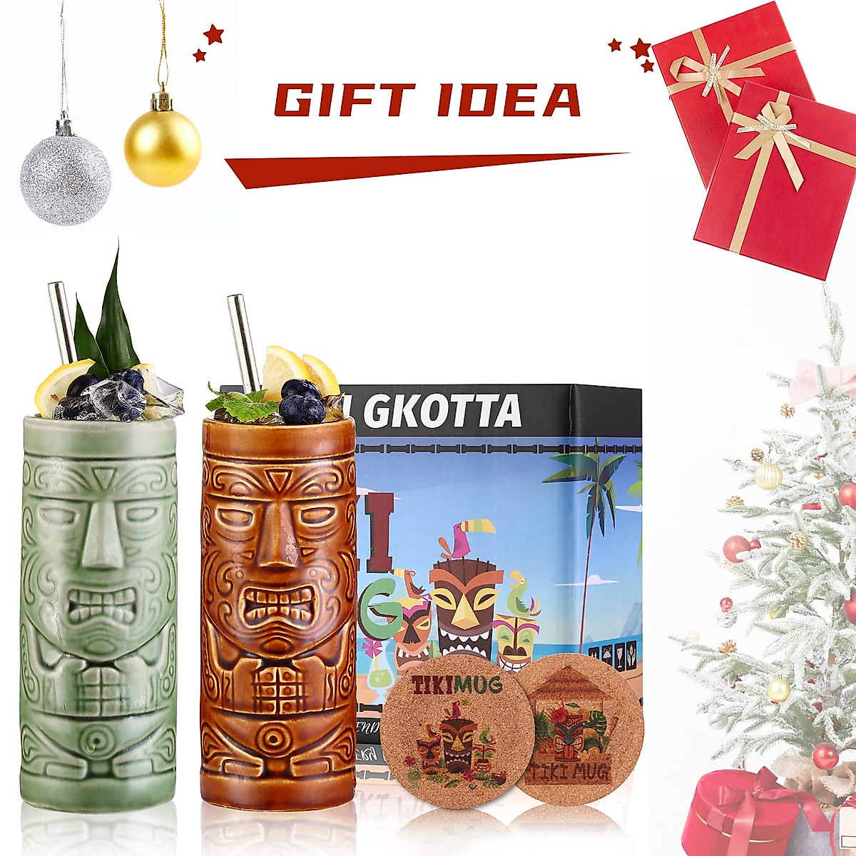 SUN GKOTTA Tiki Glasses for Cocktails Tiki Mugs Set of 2 Ceramic Tiki Party Cups Bar Decor Creative Tiki Mug Set Large Hawaiian Glasses Tiki Drinking Bar Decorations with Coaster and Straws