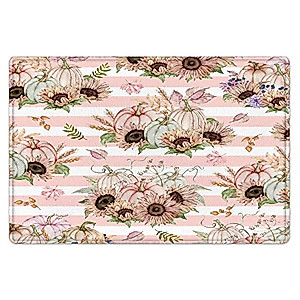 AUEEA Fall Harvest Shower Curtain Watercolor Plant Pumpkin and Sunflower with Green Leaf Shower Curtain Pink White Striped Fabric Shower Curtain Set for Bathroom with Bath Mat and Hooks,72x72 inches