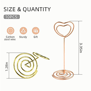 10 Pcs Table Number Holders Heart Shaped Table Number Stand Place Card Holder Mini Wire Table Card Holder Picture Photo Holders Clips for Centerpieces Wedding Party Memo Menu Stands (Gold + Rose Gold)