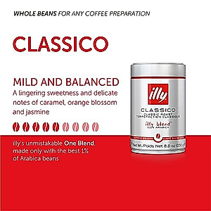 illy Whole Bean Coffee - Perfectly Roasted Whole Coffee Beans – Classico Medium Roast - with Notes of Caramel, Orange Blossom & Jasmine - 100% Arabica Coffee - No Preservatives – 8.8 Ounce