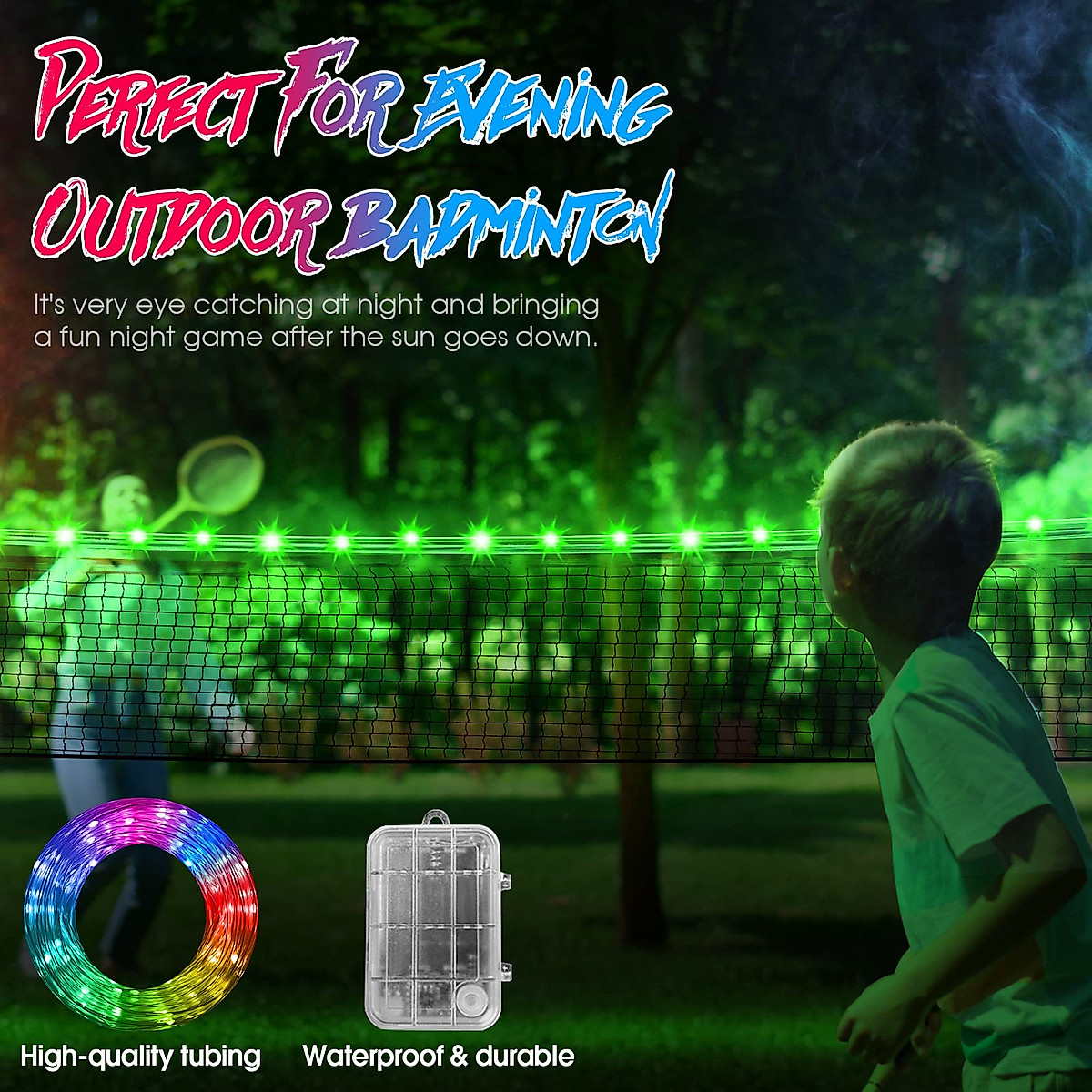 YepItIs Badminton Net Light, 17 Colors 7 Modes Waterproof LED Light with Remote for Backyard Badminton Volleyball Game at Night, Great Addition to LED Shuttlecocks for Net Up to 17FT(Net not Include)