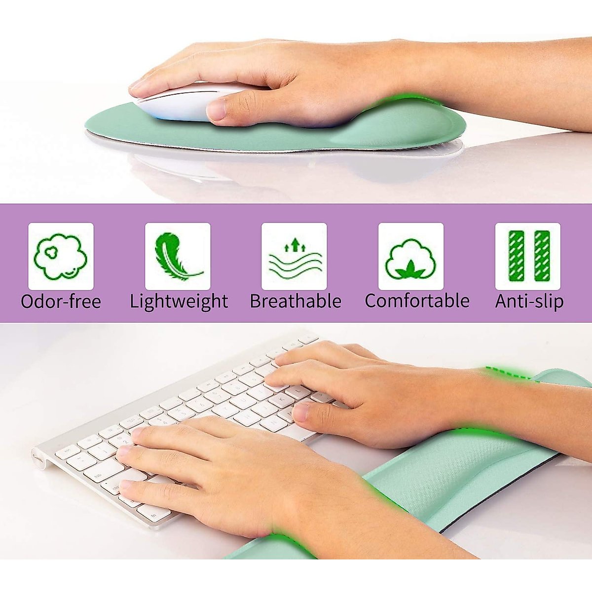 AORTDES Ergonomic Keyboard Mouse Pad Wrist Support Set - Anti-Slip Keyboard Mice Mat Wrist Rest for Laptop/Computer Gaming/Office - Comfortable for Easy Typing & Pain Relief(KWRP-Green)