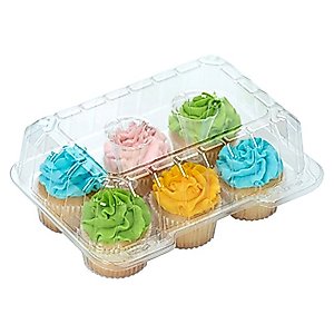 Cupcake Boxes 6 Count - MADE IN USA - Stylish Clear Plastic Cupcake Containers for Displaying & Transporting- Durable Cupcake Holders with 4" High Dome for High Toppings- Each Cup Cake Box Holds 6 Cupcakes- 12 Pack