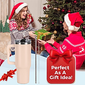 LATTPLYN 40 oz Tumbler with Handle and Straw Lid Insulated Cup Stainless Steel Water Bottle Travel Mug Gifts for Women Men Kids Trek Collection Thermoses Apricot