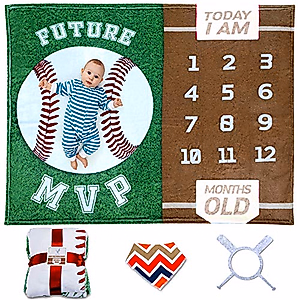 Sukoon Monthly Milestone Blanket for Baby Boy / Girl | Baseball Theme | Includes Frame and Bib | Large | 47"x40" | Personalized Baby Month Blanket for Newborn Baby Shower