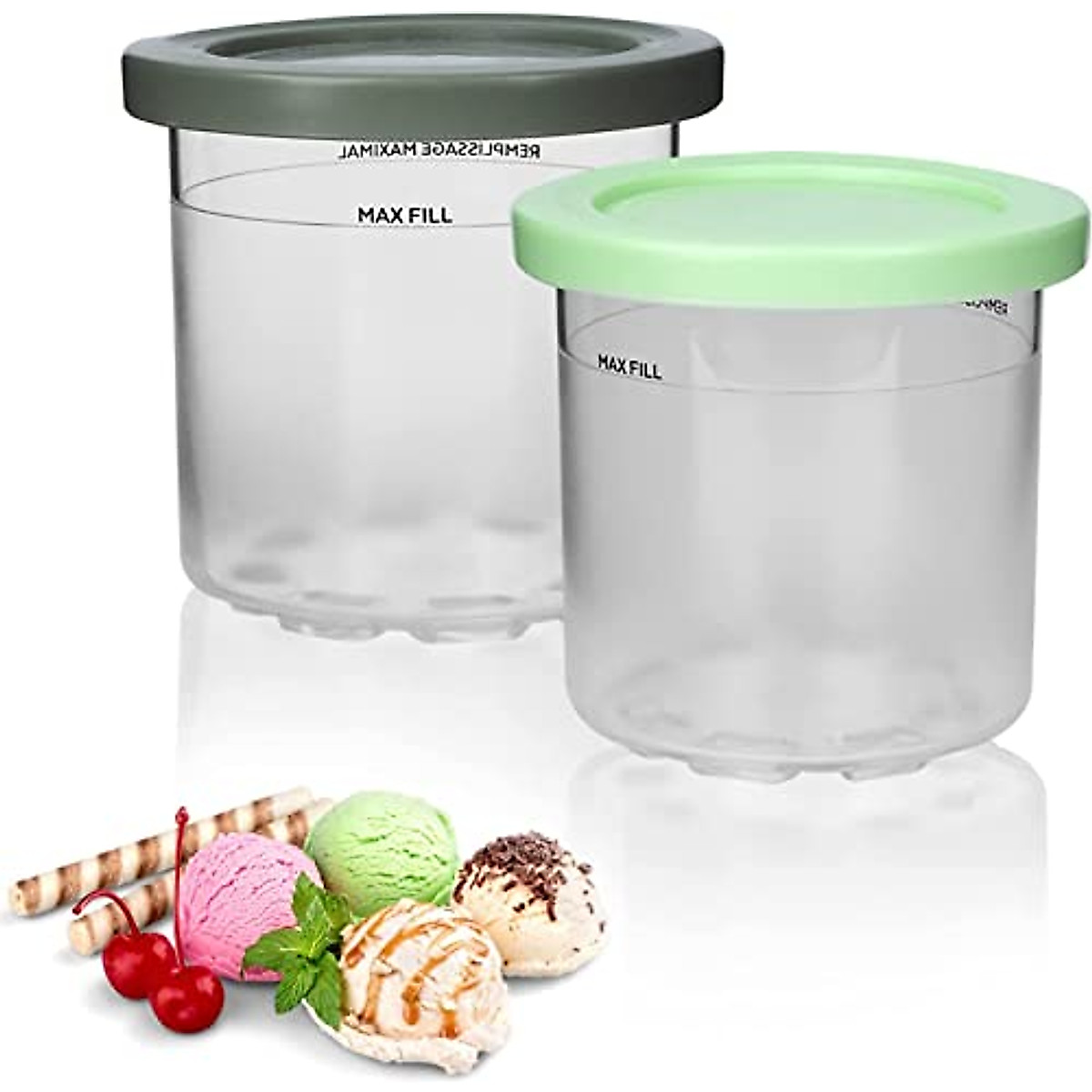 AZLESLOG 16 oz. Containers | Extra Replacement Pints and Lids - Compatible with NC300, NC301,CN305A, NC299AM Series Ice Cream Makers, Airtight and Dishwasher Safe (Green+Grey-2 Pack)