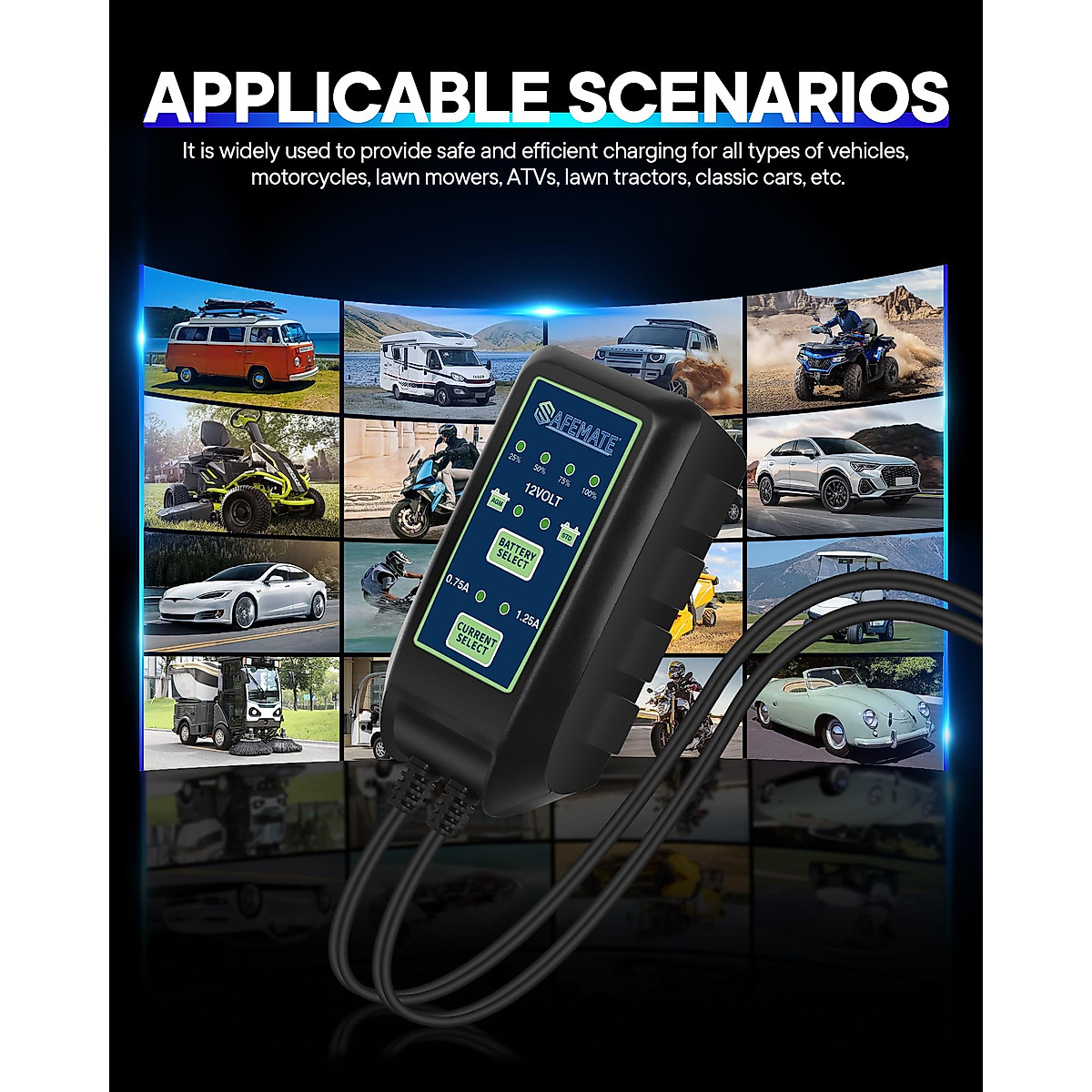 SAFEMATE 12V Battery Charger, 0.75A/1.25A Full Automatic Trickle Charger, Battery Maintainer, and Battery Desulfator, for Car, Motorcycle, Lawn Mower Lead Acid Batteries