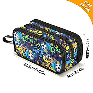 Sletend Printed Pen Case Soccer Sport Zipper Pouch Pen Bag 3 Compartment Pencil Case