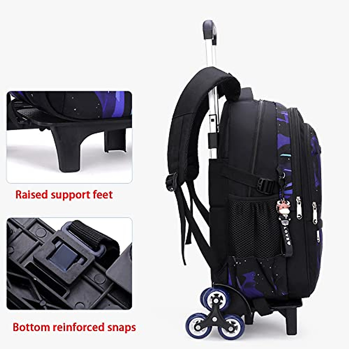 CUSALBOY School Bags Boy Oxford Cloth Vacation Backpack Travel Bag Luggage Trolley Case with Six Wheels and Dinosaur Pattern (black 1)
