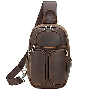 Masa Kawa Full Grain Leather Sling Crossbody Backpack Bags for Men Fits 9.7” Tablet Small Hiking Travel Shoulder Daypack Chest Bag, Vintage Brown