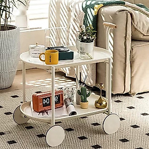 GGW Rolling Cart with Handle, 2-Tier Small Bar Cart, Serving Cart with Wheels, Drink Cart with Steel Frame, Mobile Sofa Side Table with Trays for Home, White
