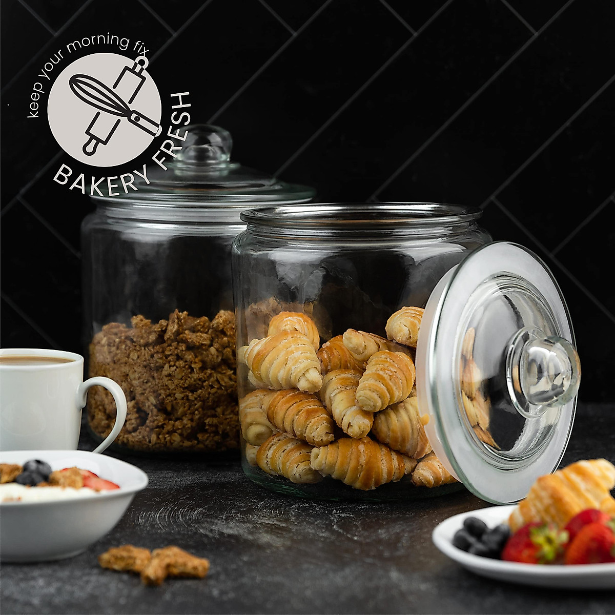 1 Gallon Glass Cookie Jar - Large Food Storage Container with Airtight Lid - Keep Fresh Flour, Chewy Pet Treats, Candy, Dried Foods, Detergent Pods for Your Kitchen or Laundry Room- Pack of 2