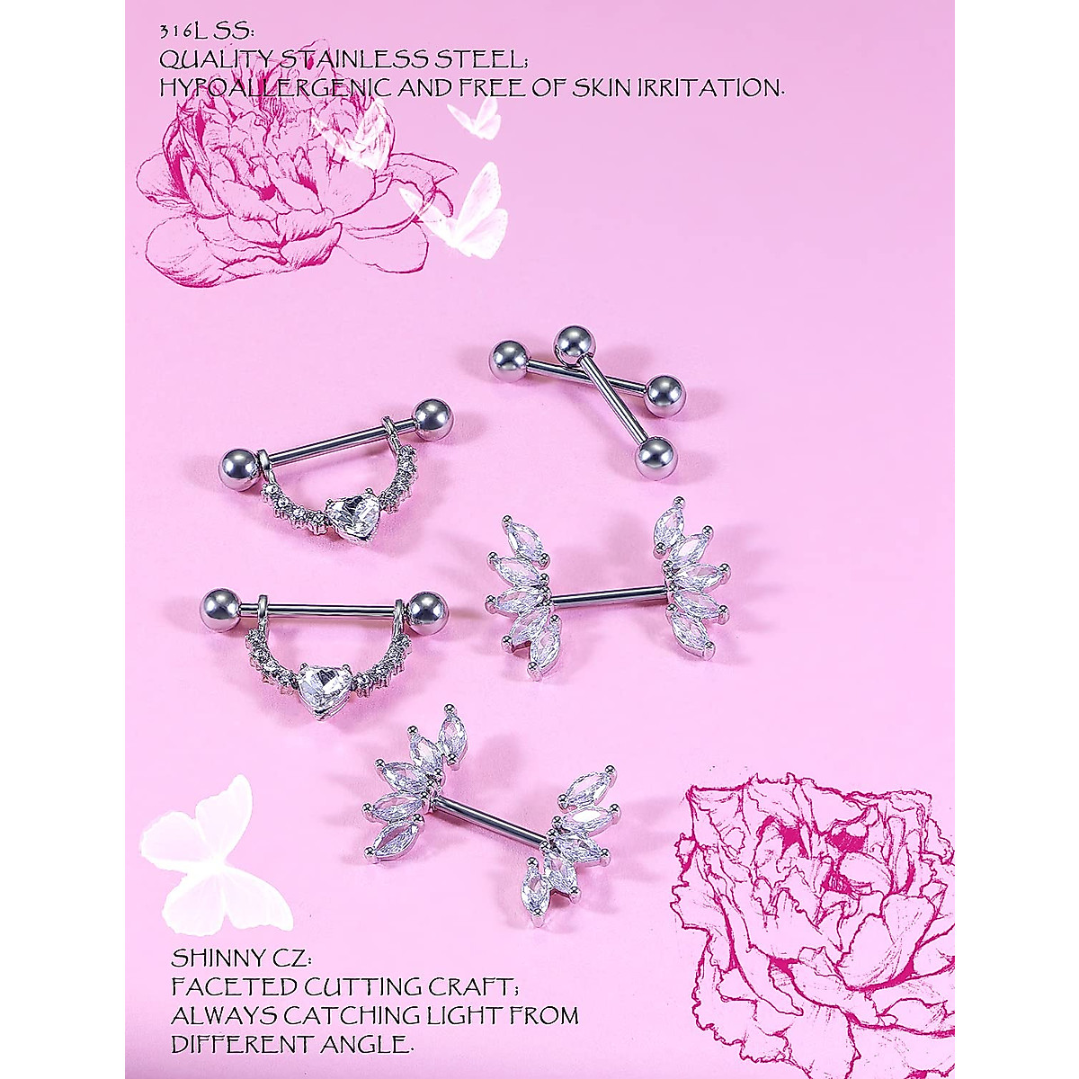 Heienngy Piercing Kit Nipple jewelry kit 14G Surgical Stainless Steel Nipple/Tongue Piercing Jewelry Set 14 Gauge Piercing Needles CZ Silver Black Nipple tongue Ring for Women men Body Piercing Kits