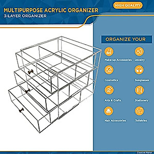 Creative Planet Acrylic Drawer Organizer Storage Drawers for Jewelry Makeup Hair Accessories Cosmetics Sunglasses Toiletries (3-Level-7"x7"x7"-Transparent)