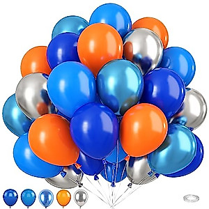 Blue and Orange Balloons, 50 Pcs 12 Inch Orange Royal Blue Metallic Silver Balloons with Ribbons for Birthday Party Wedding Baby Shower Graduate Decorations