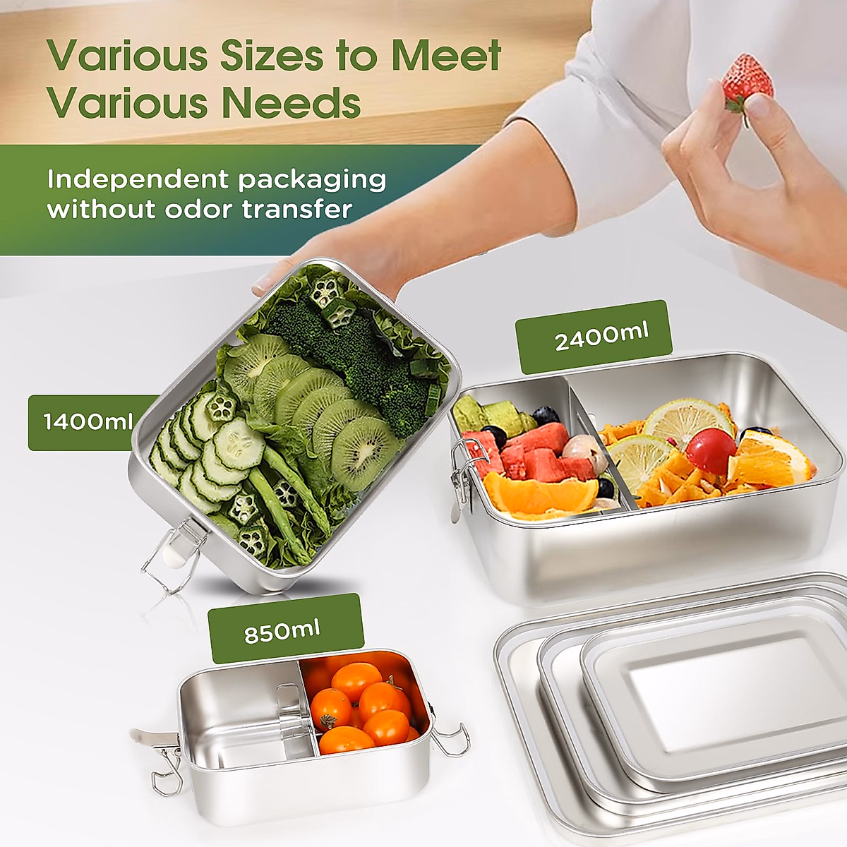 SUTETLW 304 Stainless Steel Bento Box 3 Pack Stainless Steel Containers With Lids 2400/1400/850ml,Leak-Proof & Stackable Storage Stainless Steel Food Storage Containers for Soup Salad Leftover