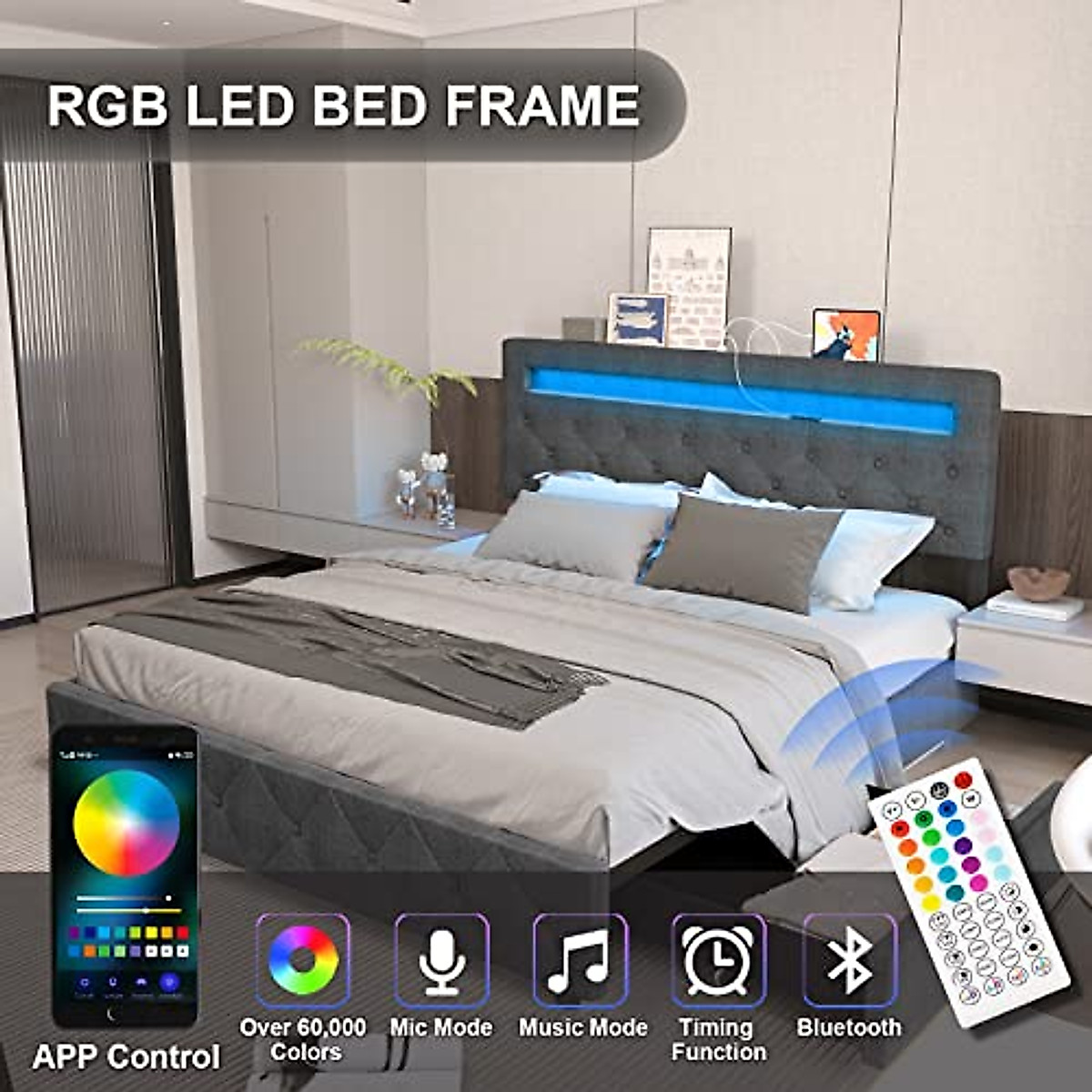 HOMFAMILIA Queen Bed Frame with Headboard and Drawers, LED Bed Frame with Adjustable Storage & LED Lights Headboard, Upholstered Platform Bed with 2 USB Ports, No Box Spring Needed, Dark Grey