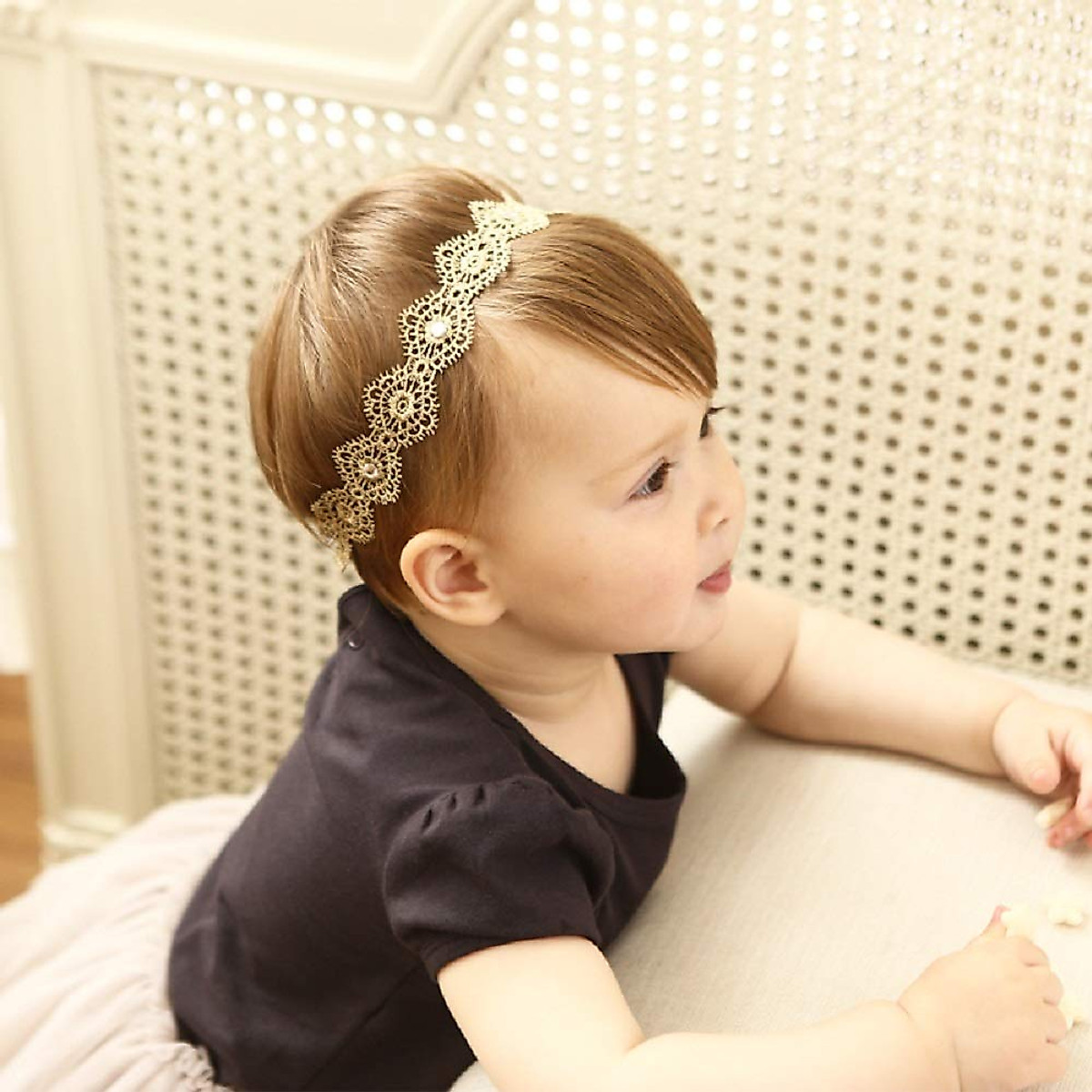 Gold Lace Flower Rhinestone Design Headpiece For Lovely Baby Princess Girls Hand Sewing Beads Hair Accessories Toddlers Headwrap for baby Girl