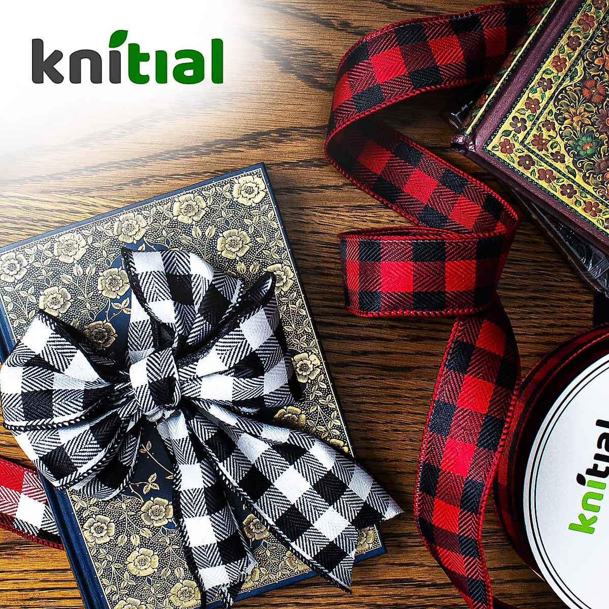 Knitial Wired Buffalo Plaid Ribbon 1-1/2 Inches x 25 Yards Black and White Buffalo Check Ribbon for Gift Wrapping, Crafts, and Decorations